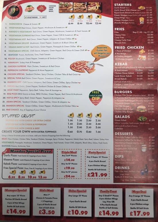 Menu at Mandos Pizza pizzeria, Southall