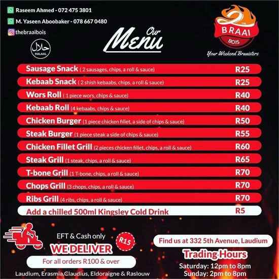 Menu at The Braai Bois restaurant, Centurion