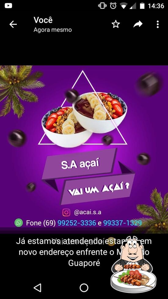 Menu em S.A. Açaí, Brasil