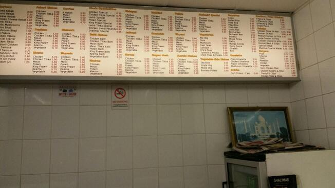 Menu at The Shalimar fast food, Ilkley