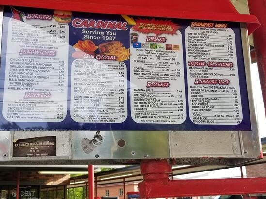 Menu at Cardinal Drive In restaurant, Winfield, 364 Bankhead Hwy