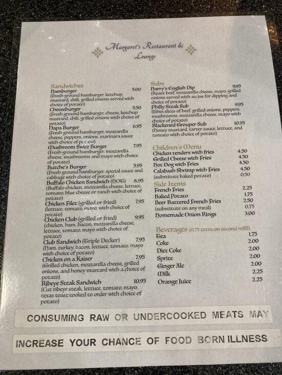 Menu at Margrets Restaurant, Mullins