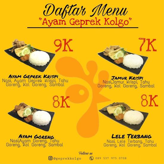 Menu at Ayam Geprek Kolgo restaurant, Blitar