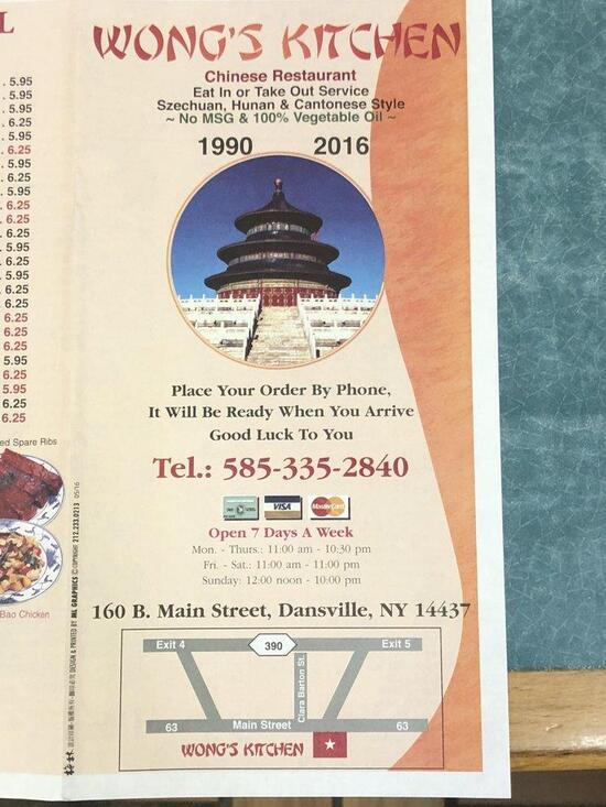 Menu at Wong's Kitchen restaurant, Dansville