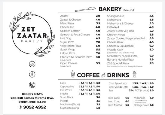 Menu at Zet&zaatar, Roxburgh Park
