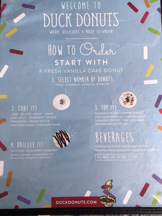 Menu at Duck Donuts cafe, Mason