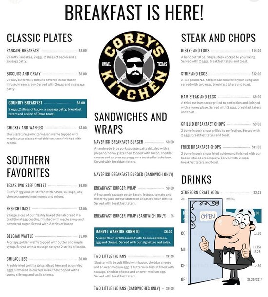 Menu at Corey's Kitchen restaurant, Manvel, Hwy 6
