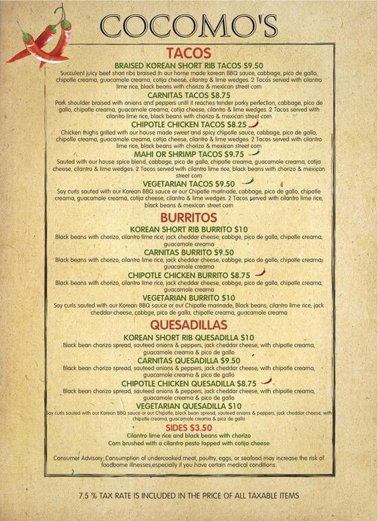 Menu at Cocomo's restaurant, Marathon