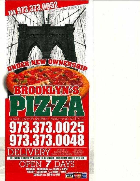 Menu at Brooklyn's Pizza pizzeria, Irvington