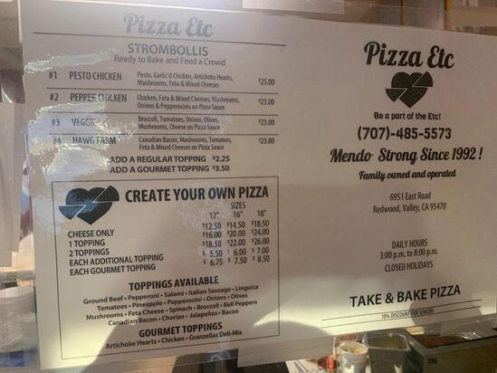Menu at Pizza Etc pizzeria, Redwood Valley