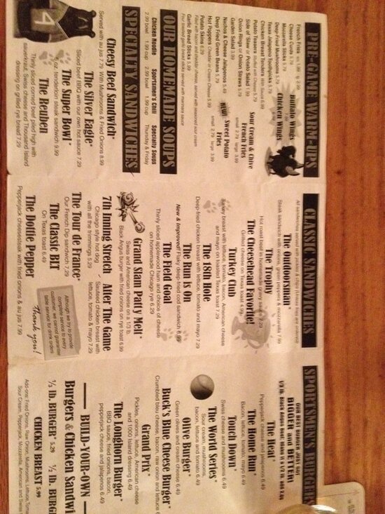 Menu at Sportsmen's Pub, Wisconsin Rapids