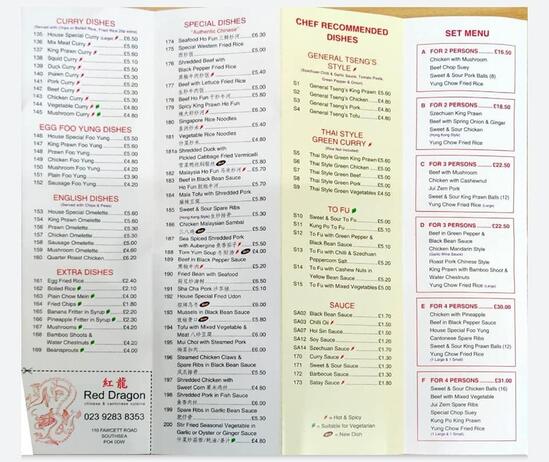 Menu at Red Dragon fast food, Portsmouth