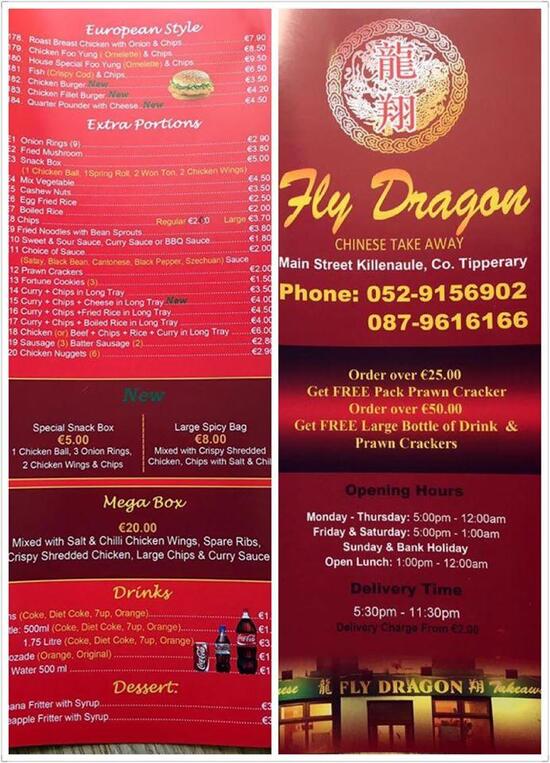 Menu at Fly Dragon Chinese Killenaule Takeaway Thurles restaurant, Ireland
