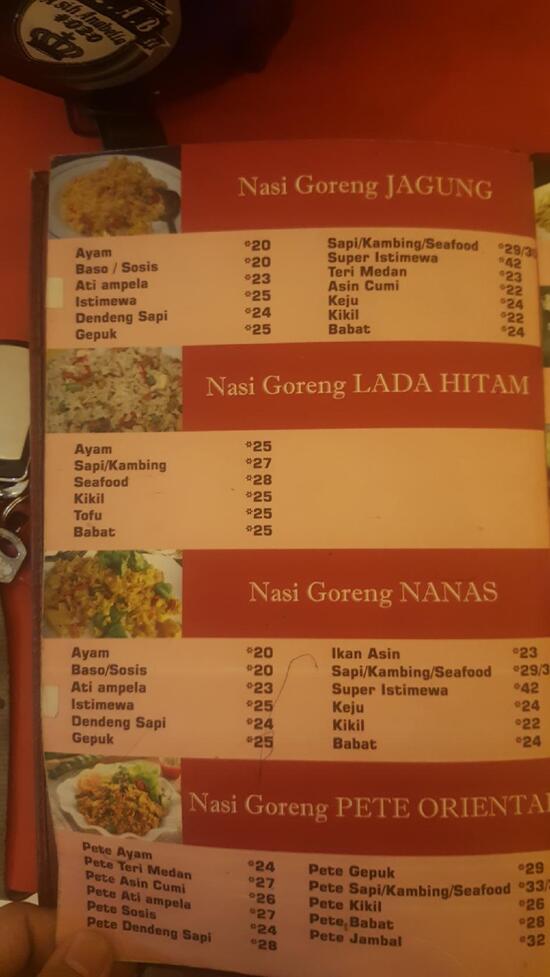 Menu at Nasi Goreng Mas Yono restaurant, Lembang