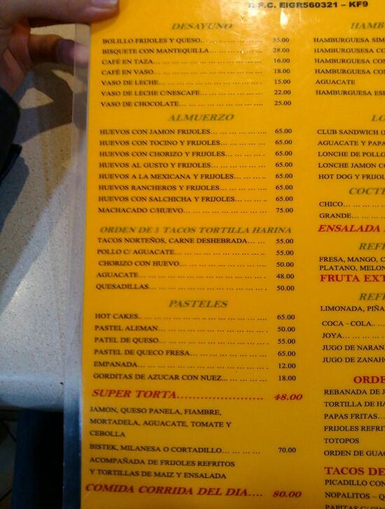 Menu at Cafeteria, Monterrey, C. Padre Mier # 102