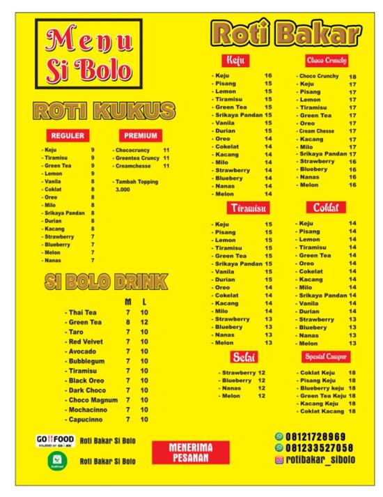 Carta del restaurante Roti Bakar Si Bolo, Sidoarjo