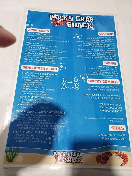 Menu at Wacky crab shack restaurant, Yakima