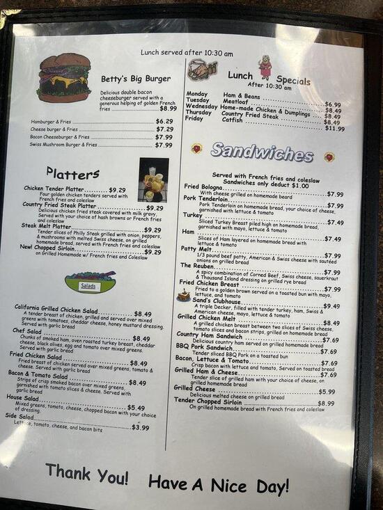Menu at Sand's Pancake House restaurant, Cape Girardeau, 602 Morgan Oak St