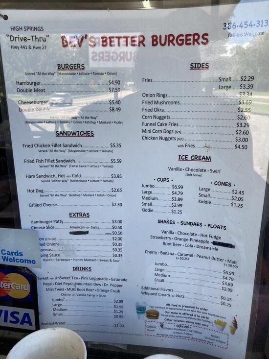 Menu at Bev's Better Burgers of Alachua restaurant, Alachua, N Main St