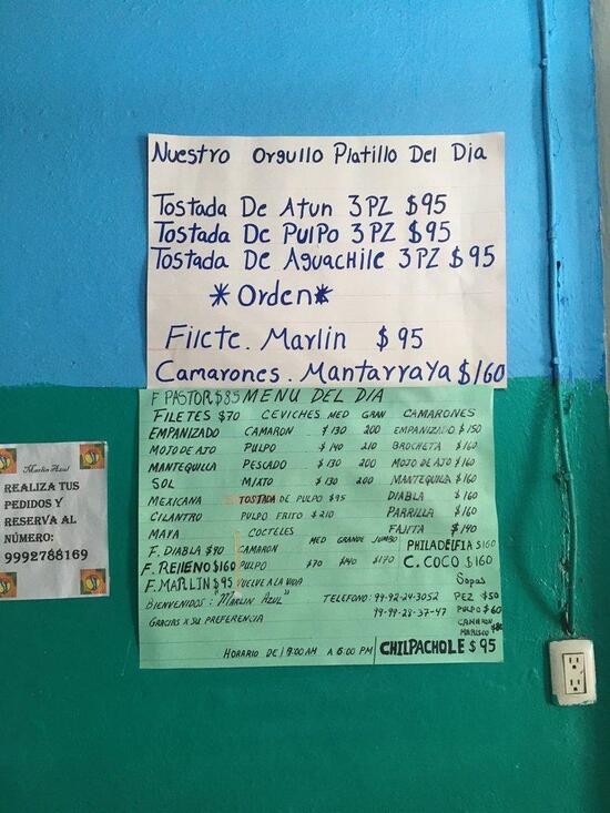 Menu at El Marlin Azul restaurant, Merida
