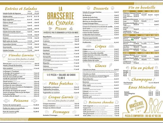 Menu au La brasserie de Carole restaurant, Réalmont