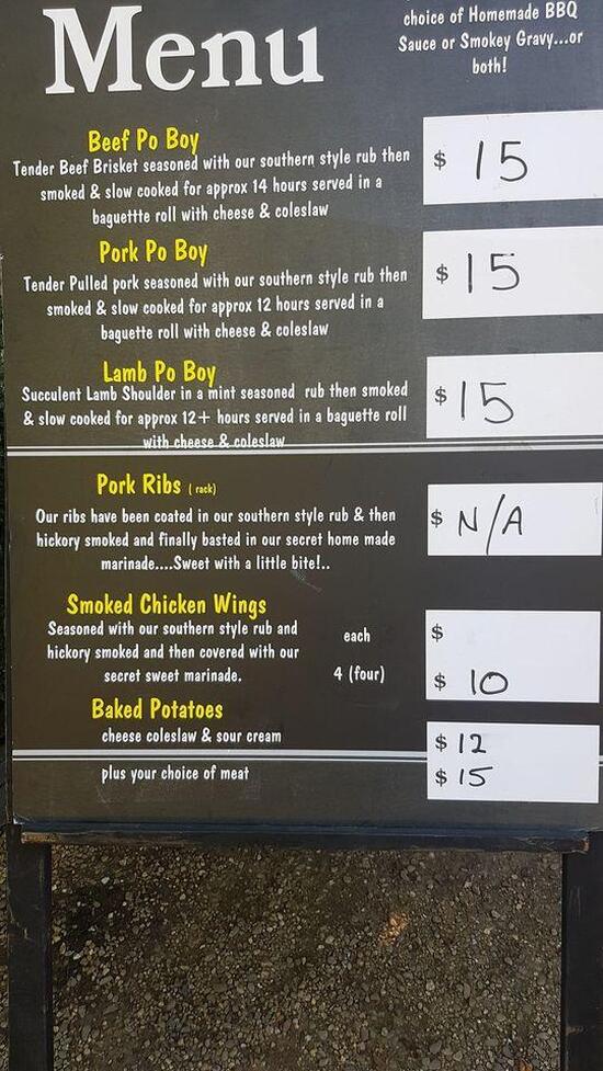 Menu at Buzzard's Old South BBQ, Australia