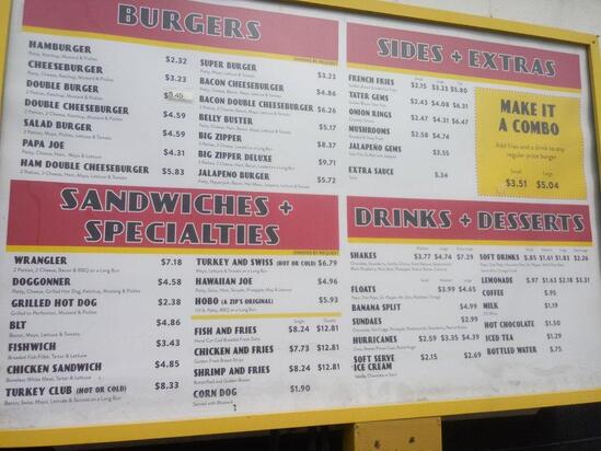 Carta del restaurante Zip's Drive-In, Kennewick, 400 E Columbia Dr