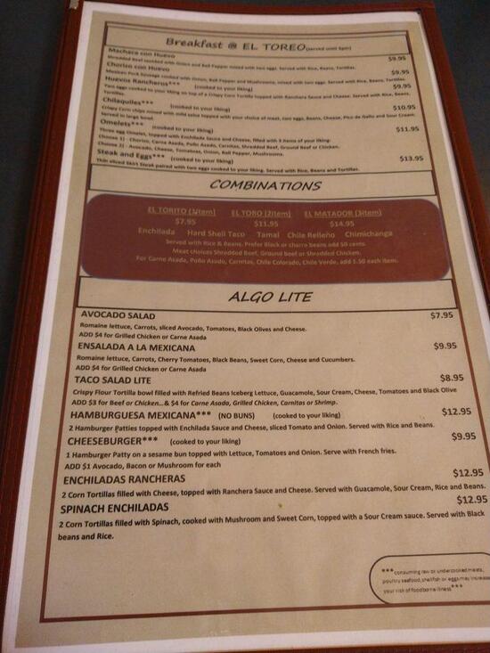 Menu at El Toreo restaurant, Clarkdale