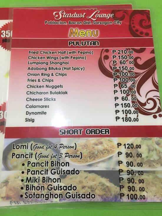 Menu at Stardust Lounge club, Sorsogon City
