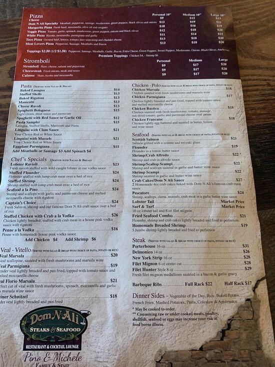 Menu at Dom N Ali steakhouse, Jim Thorpe