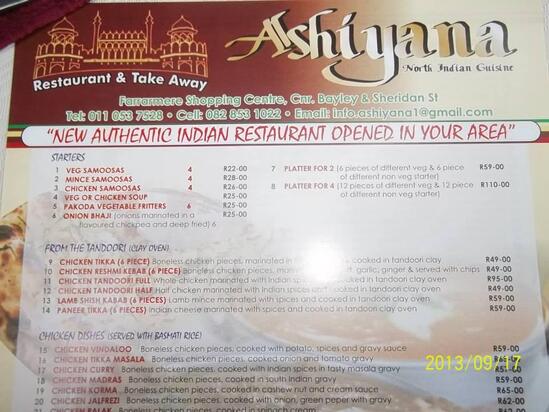 Menu at Ashiyana Restaurant & Take Away, Benoni