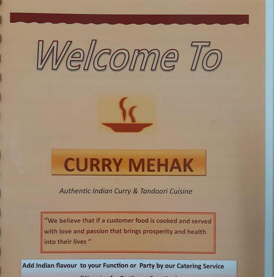 Menu at Curry Mehak Indian restaurant, Leeton