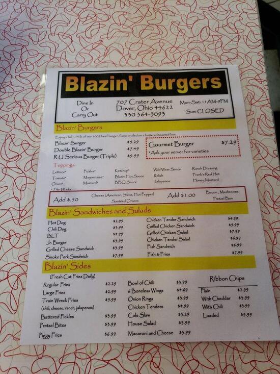 Menu at Blazin' Burgers restaurant, Dover
