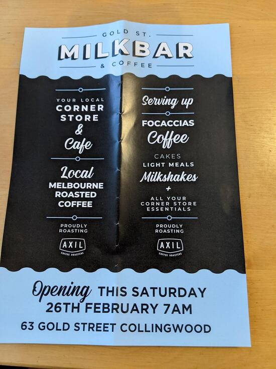 Menu at Gold St. Milk Bar, Collingwood