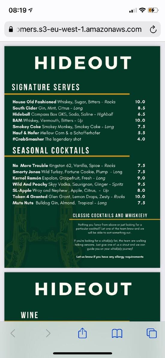 Menu at The Hideout pub & bar, Bath