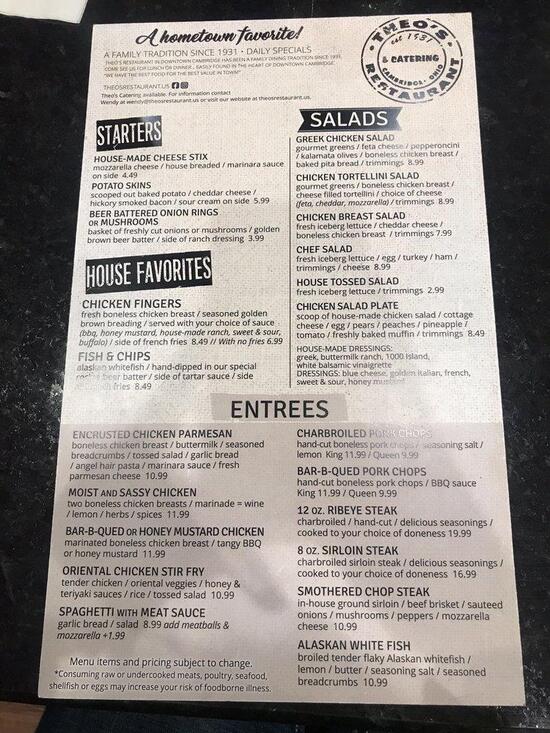 Menu at Theo's Restaurant, Cambridge