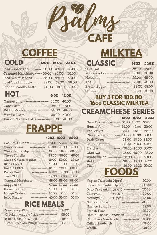 Menu at Psalms Cafe, General Mariano Alvarez