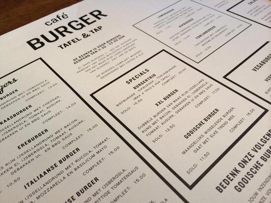 Menu at Café Burger, Hilversum, Herenstraat 2