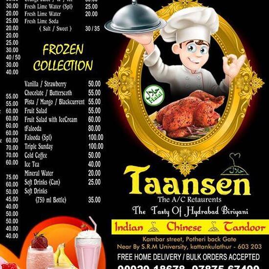 Menu at Taansen restaurant, Chennai
