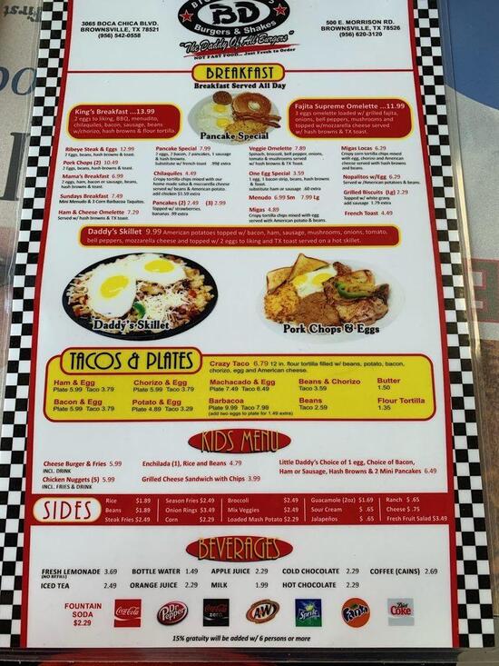 Menu at Big Daddy's Restaurant, Brownsville