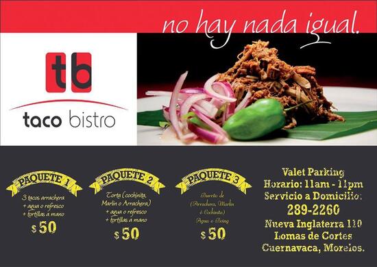 Carta del restaurante Taco Bistro, Cuernavaca, C. Nueva Inglaterra 111