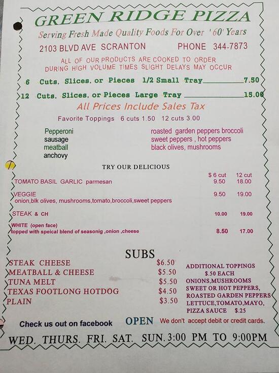 Menu at Green Ridge Pizza pizzeria, Scranton