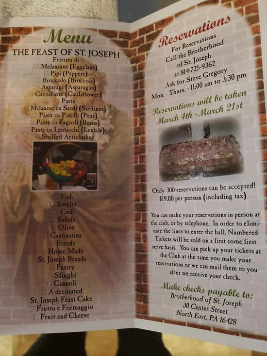 Menu at Brotherhood of St Joseph club, North East