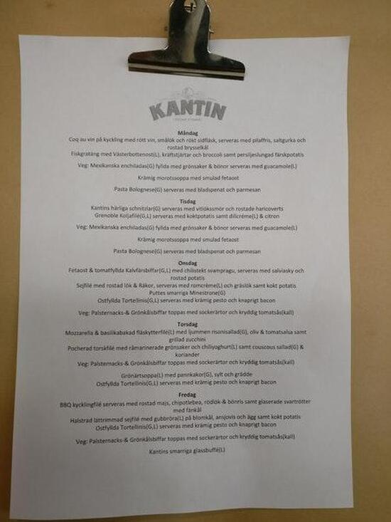 Menu at Kantin restaurant, Solna