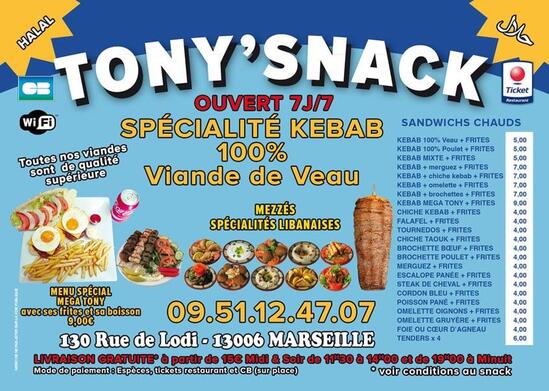 Menu at Tony'Snack restaurant, Marseille