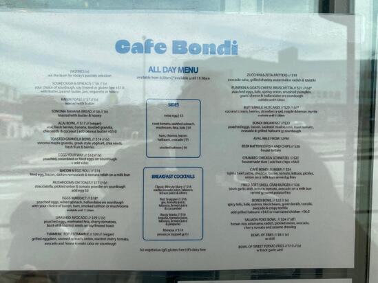 Menu at Cafe Bondi, North Bondi, 286 Campbell Parade