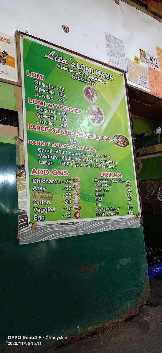 Menu at LITA'S LOMI HOUSE restaurant, Calaca, WRR8+GX8