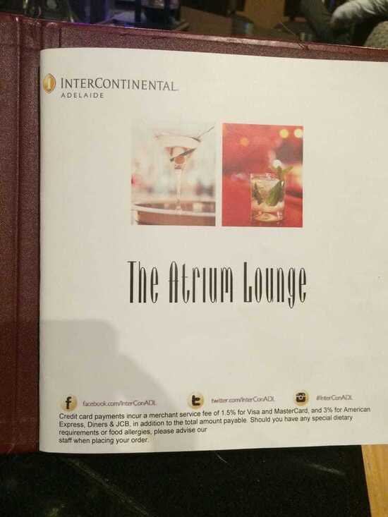 Menu at The Atrium Lounge pub & bar, Adelaide, InterContinental Adelaide