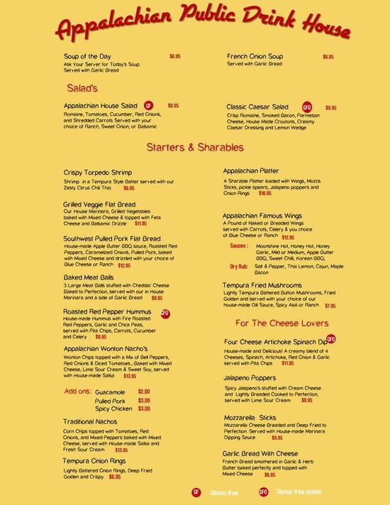 Menu at Appalachian Pub & Eatery, Halton Hills