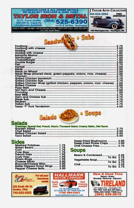 Menu at Snak Shak cafeteria, South Point